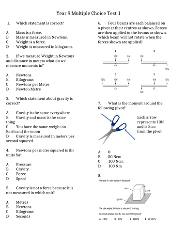 Forces Multiple Choice Quiz and answer grid | Teaching Resources