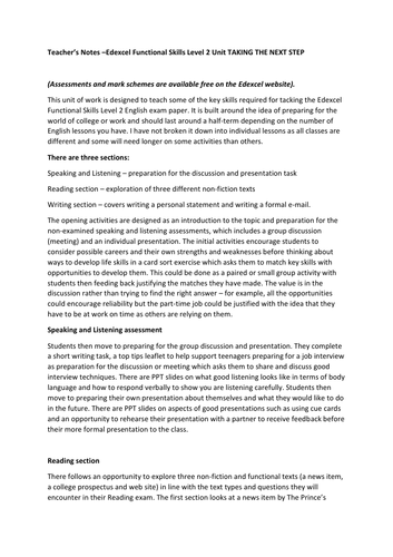 Edexcel Functional Skills in English: Level 2 Unit - Taking the Next ...