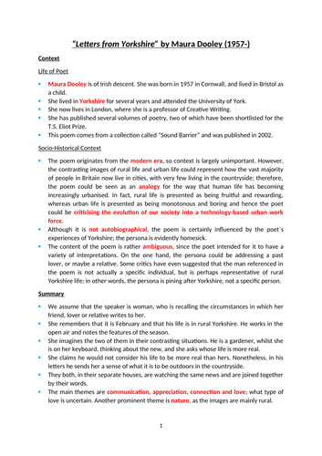 (6) Letters from Yorkshire by Maura Dooley - GRADE 9 Poem Notes AQA ...
