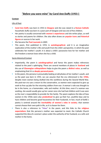 (12) Before you were mine by Carol Ann Duffy - GRADE 9 Poem Notes AQA ...