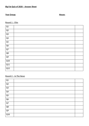 Big Fat Quiz of 2020 - FREE end of term resource! | Teaching Resources