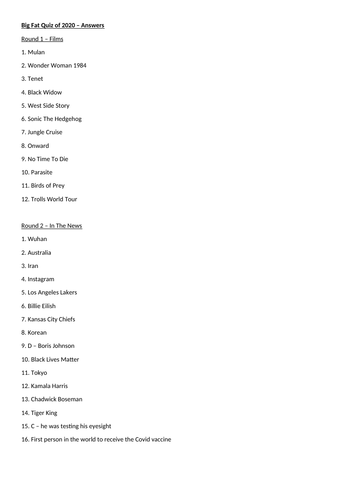 Big Fat Quiz of 2020 - FREE end of term resource! | Teaching Resources