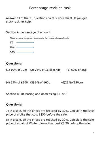 Percentages revision booklet | Teaching Resources