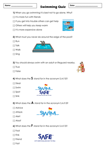 Swimming Safety Quiz | Teaching Resources