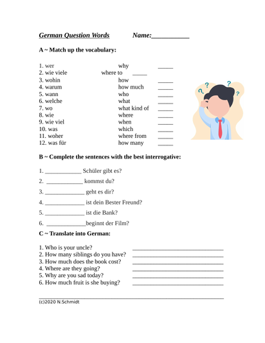 German Question Words / Interrogatives Vocabulary Worksheet ...