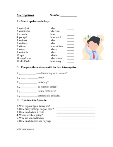 Spanish Question Words / Interrogatives Vocabulary Worksheet ...