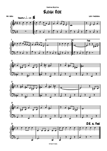 "SLEIGH RIDE" [EASY PIANO ARRANGEMENT] | Teaching Resources