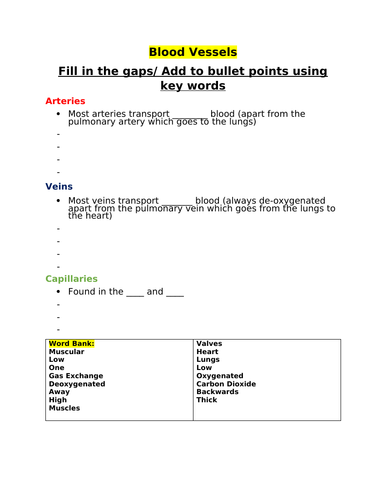 OCR GCSE PE 9-1 Blood Vessels Worksheet Cardiovascular System ...
