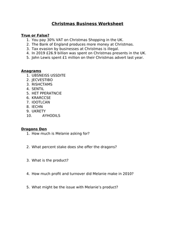 Christmas Business Studies Lesson | Teaching Resources