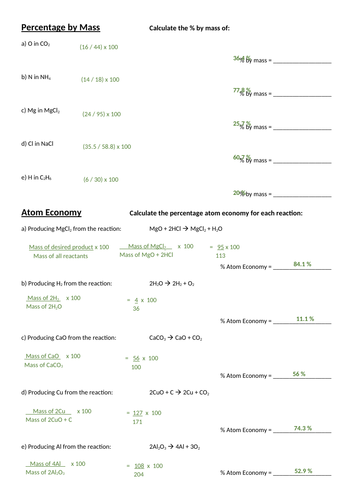 Percentage by Mass, Atom Economy & Percentage Yield Worksheet/Revision ...