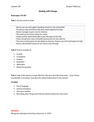 Purple Hibiscus SOW and resources with answers Part 2 | Teaching Resources