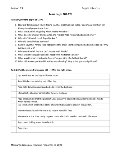 Purple Hibiscus SOW and resources with answers Part 2 | Teaching Resources