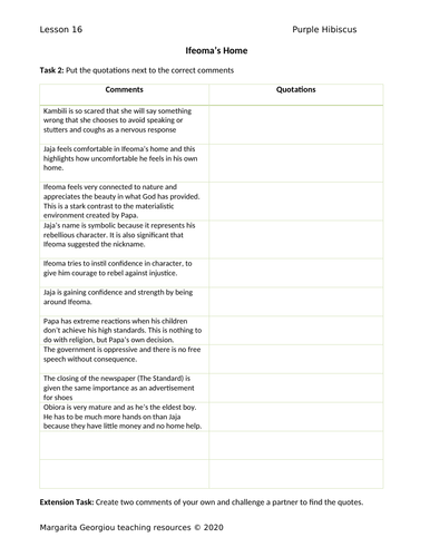 Purple Hibiscus SOW and resources with answers Part 2 | Teaching Resources