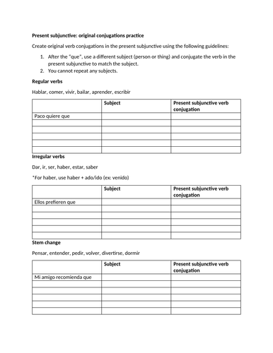 Present subjunctive original conjugation practice | Teaching Resources