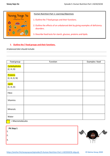 Human Nutrition Part 1 (IGCSE/GCSE) worksheet | Teaching Resources
