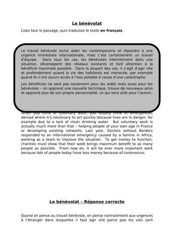 Le bénévolat - translation into French | Teaching Resources