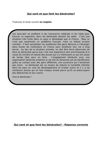 Le bénévolat - translation practice | Teaching Resources