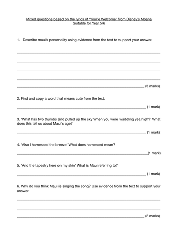 Disney lyrics reading comprehension bundle for Year 5 / 6 | Teaching ...