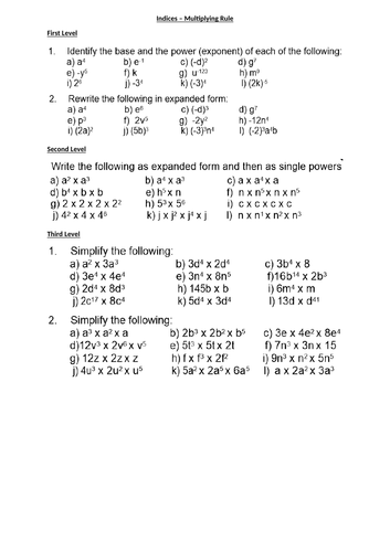 Indices - Index Laws - Multiplication Rule - FULL LESSON WITH ANSWERS ...