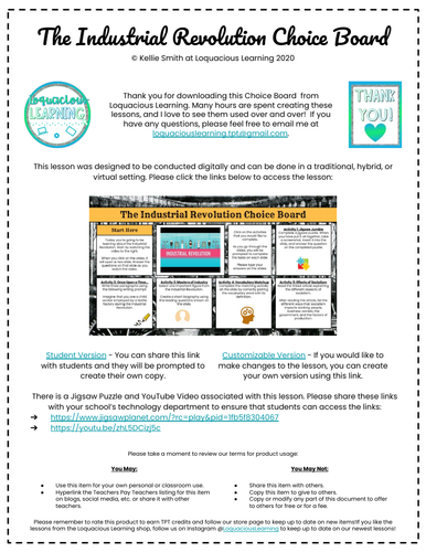 The Industrial Revolution Choice Board - *Easy Prep* (US) | Teaching ...