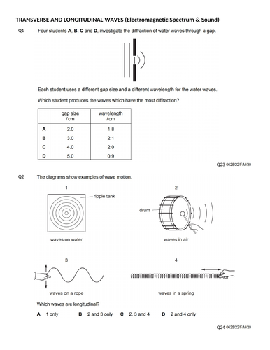 TRANSVERSE & lONGITUDINAL WAVES (MCQs 0625 CLASSIFIED WORKSHEET WITH ...