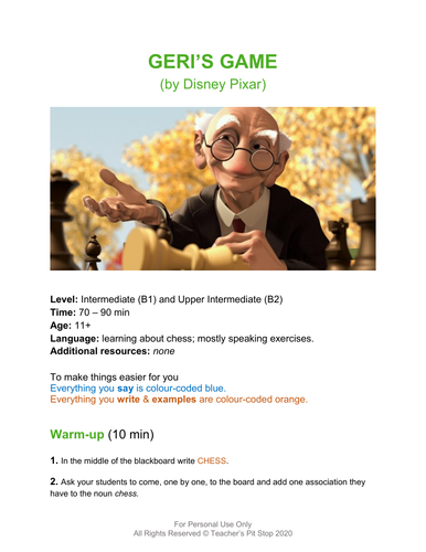 ESL - Based on the short film GERI’S GAME (by Disney Pixar) | Teaching ...