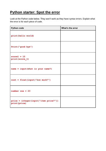 Python programming lesson starters - Predict output and spot the error ...