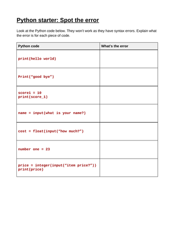Python programming lesson starters - Predict output and spot the error | Teaching Resources