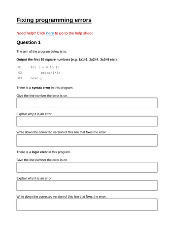 Pseudocode algorithms worksheet - Syntax errors and logic errors ...