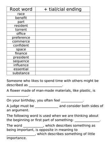 cial and tial suffixes | Teaching Resources