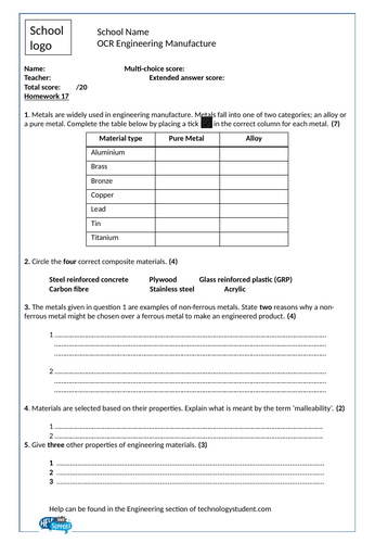 R109: Engineering manufacture - Homework | Teaching Resources