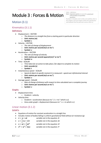 OCR Physics A, Module 3 : Forces & Motion (H156/H556) notes/summary ...