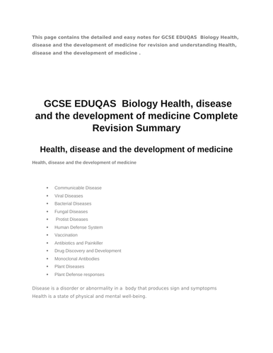 GCSE EDUQAS Biology Health, disease and the development of medicine ...