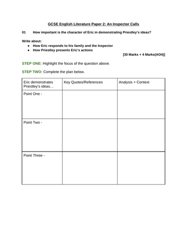 An Inspector Calls: Character Essay Structure Worksheets | Teaching ...