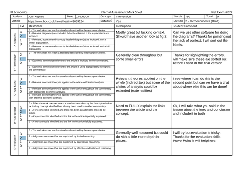 IB Economics IA - planning, marking and recording | Teaching Resources
