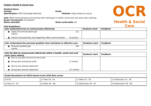 Tracking and Smith Proformas for Cambridge National Health and Social ...