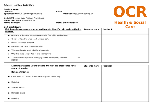 Tracking and Smith Proformas for Cambridge National Health and Social ...