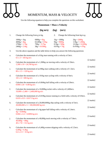 Momentum (Higher) Calculations Worksheet with Answers - GCSE Physics ...