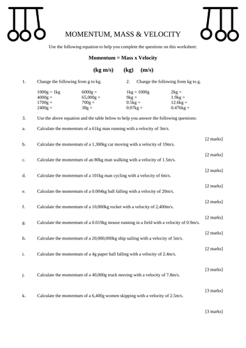Momentum (Higher) Calculations Worksheet with Answers - GCSE Physics ...
