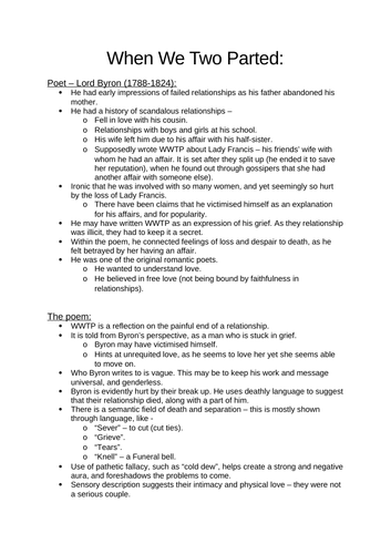 When We Two Parted - AQA GCSE Eng poetry | Teaching Resources