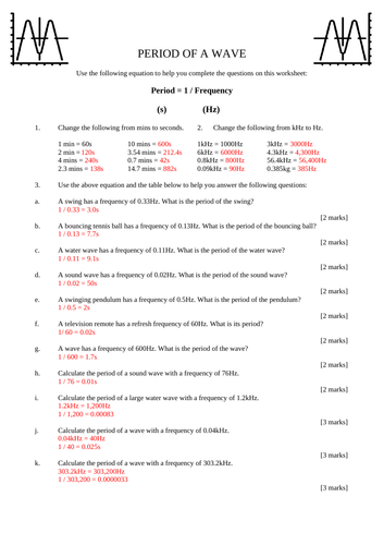 Period of a Wave Calculations Worksheet with Answers - GCSE Physics ...