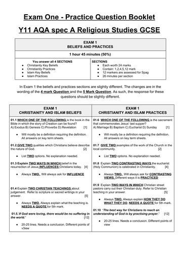 AQA Religious Studies Practice Question Booklet (Christianity and Islam - Exam 1) | Teaching ...