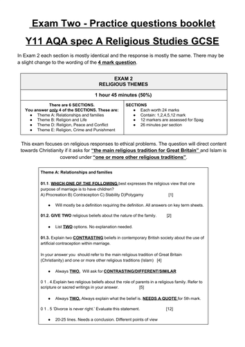 AQA Religious Studies Practice Question Booklet (Thematic Studies ...