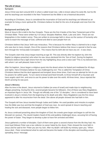 The Life of Jesus Information Sheet, Activities (Cover Lesson ...