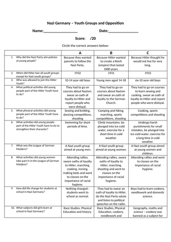 Nazi Germany - Youth Groups and Opposition Quiz | Teaching Resources