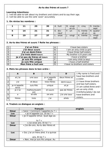 French KS3 Brothers & Sisters - As-tu des frères et sœurs? Dynamo 1.1 ...