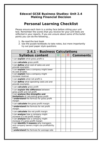 GCSE BUSINESS - EDEXCEL - THEME 2 PERSONAL LEARNING CHECKLISTS 2.1 -2.4 ...