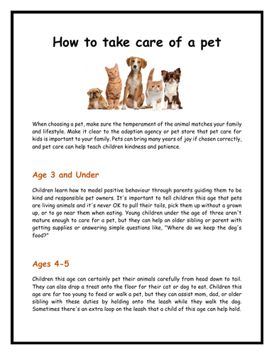 How do you look after a pet? - Information Sheet & Writing Task ...