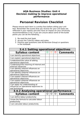 AS BUSINESS - AQA - UNITS 1-6 - REVISION CHECKLISTS WITH RAG | Teaching ...