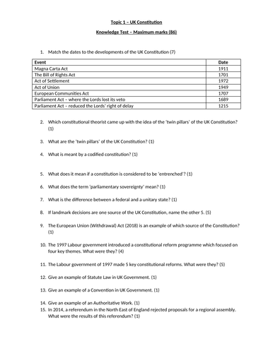 Edexcel - Politics: UK Constitution - Knowledge Test & Answers ...